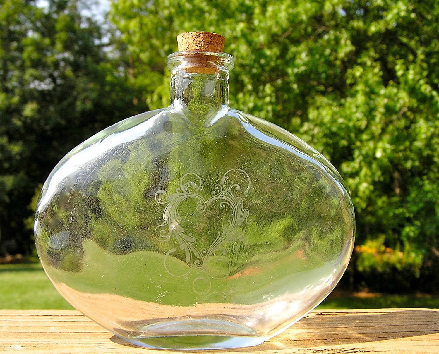 Wide Round Glass Bottle With Hand Etched Fancy Heart Design