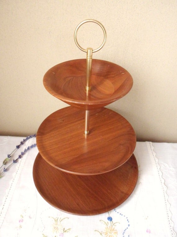 Three Tier Server Wooden Buffet Server Two Trays with Nut