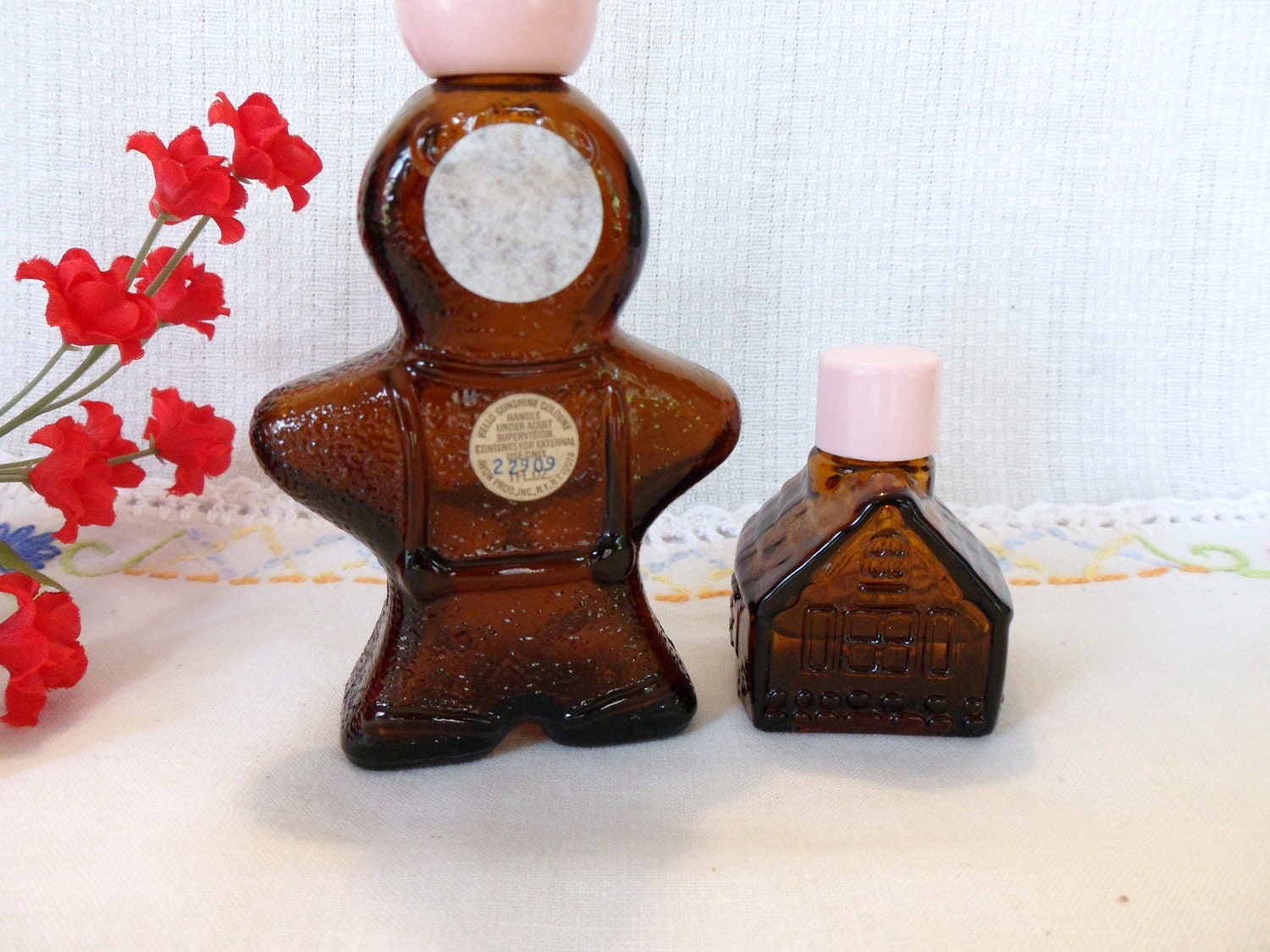Gingerbread Man and House Cologne Bottles Avon Amber Glass