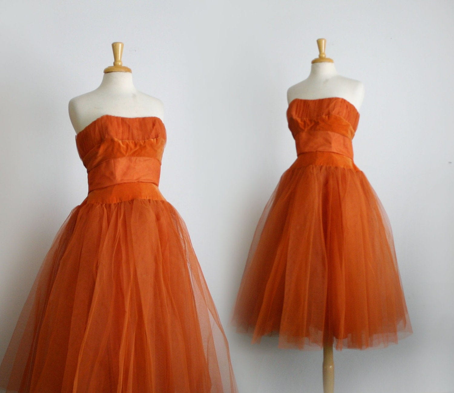 1950s velvet and tulle burnt orange crinoline party dress size
