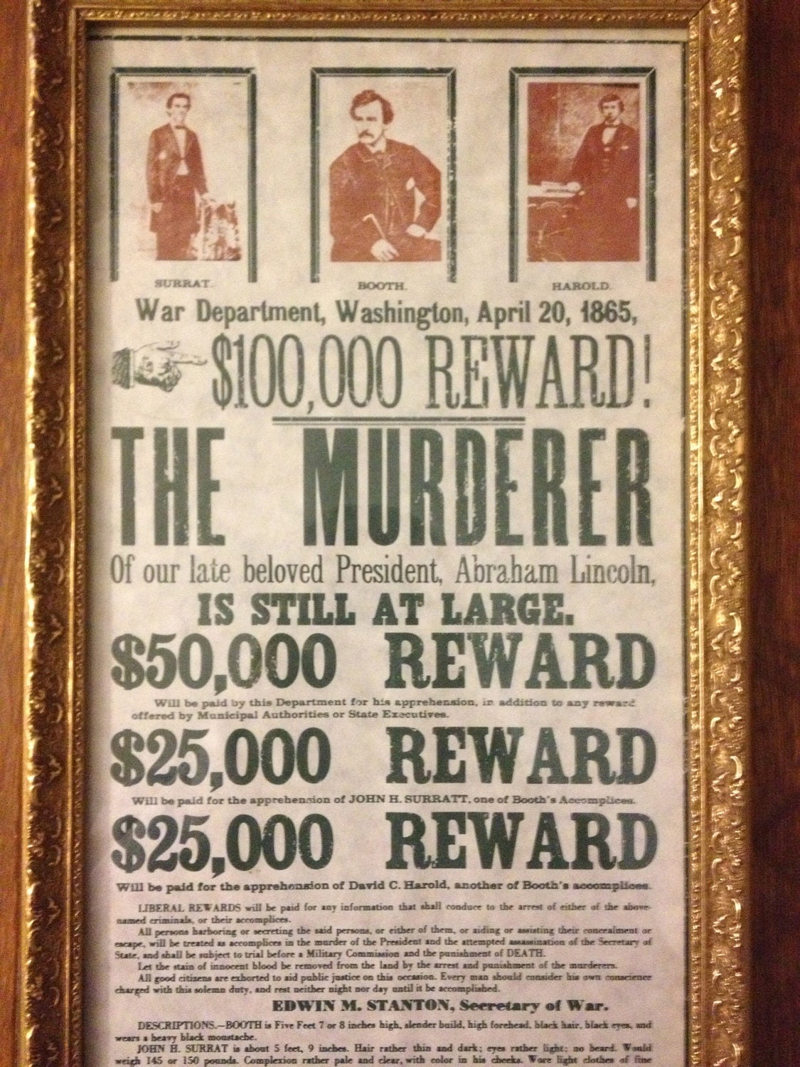 Reproduction John Wilkes Booth Wanted Poster