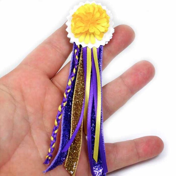 Miniature Micro Homecoming Mum pin or brooch purple and gold