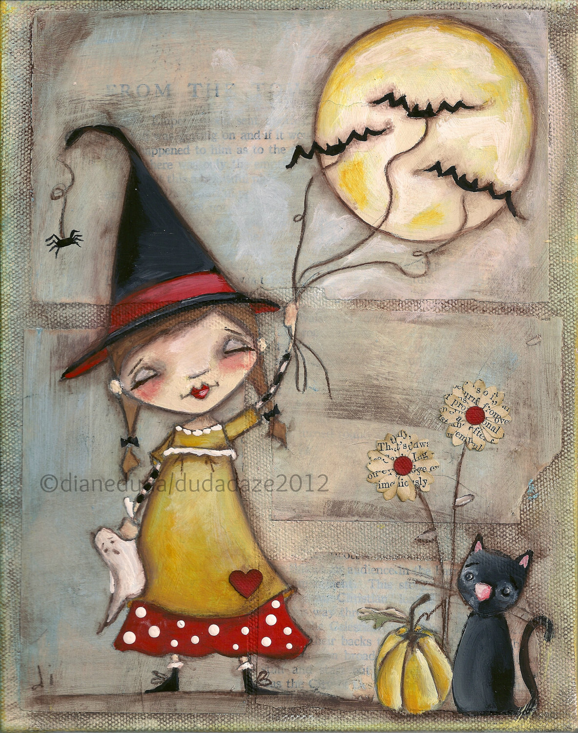 Orignal Folk Art Whimsical Halloween Painting on Canvas