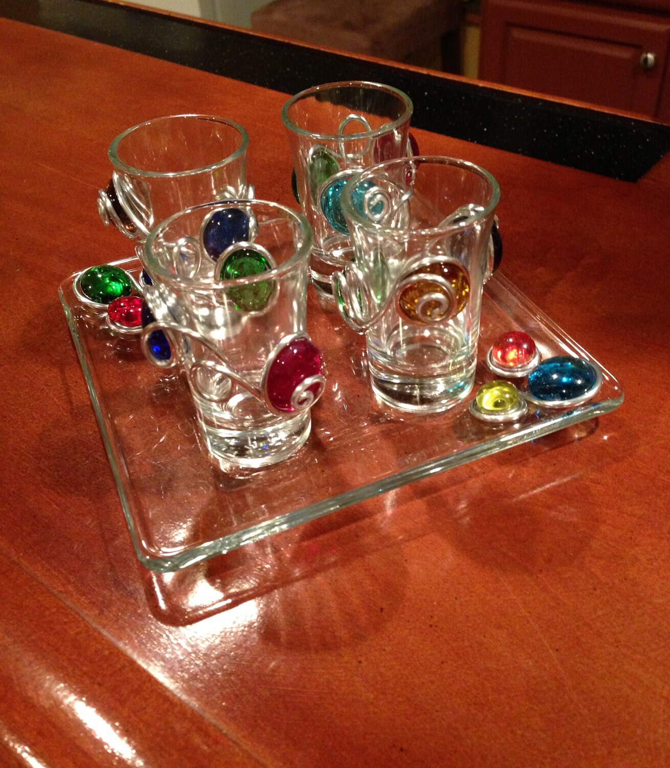 4 Shot Glasses And Tray Plate Barware Party Colorful