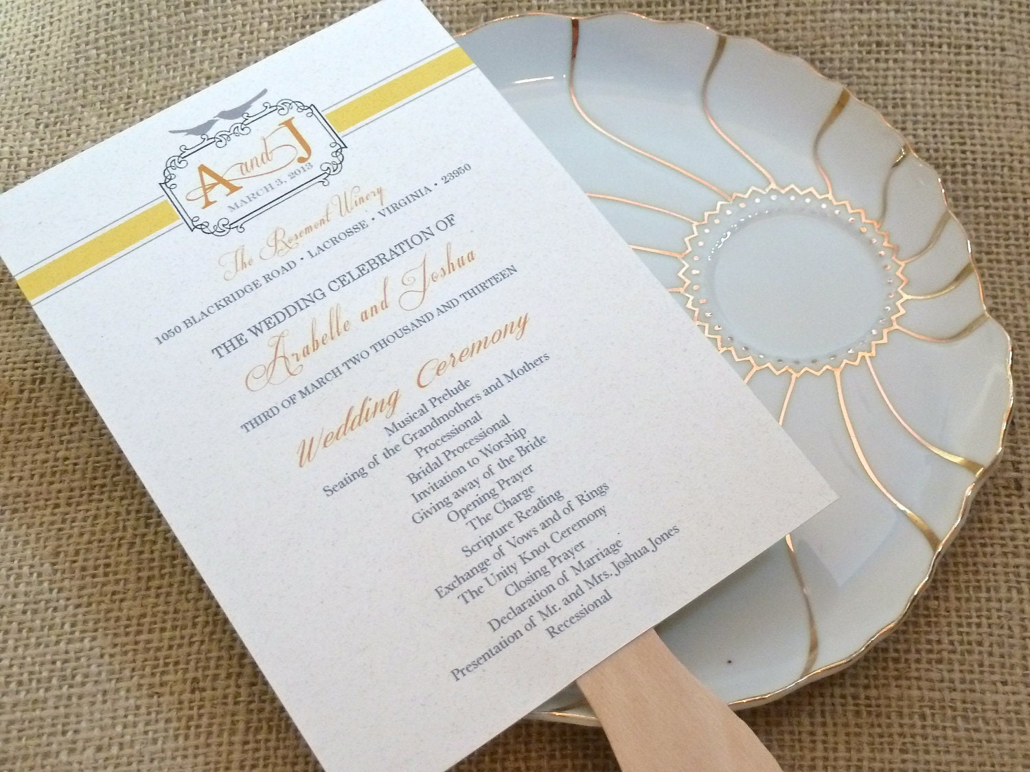 Modern Yellow and Grey Love Birds Rustic Elegant Fan Wedding Program ...