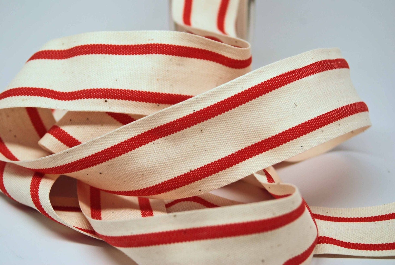 Cotton Stripe Ribbon 1.5 inch Natural Holiday Red Off