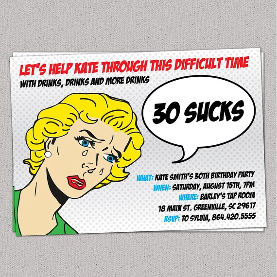 30 Sucks Birthday Party Invitation Retro Pulp Woman Funny