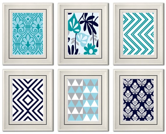 Items similar to Set of Six Modern/Vintage Turquoise/Gray Wall Art ...