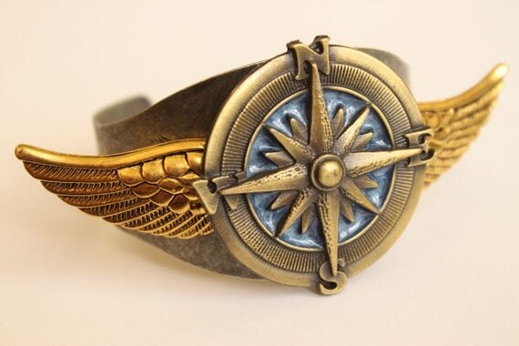 Gold Angel Wings Metal Compass Cuff