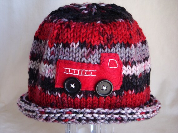 Fire Truck Beanie Hand Knit Baby Hat with Fire Truck