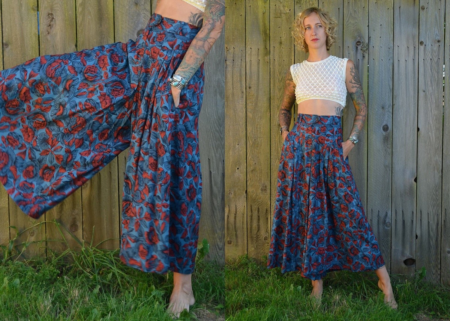 90's Bright Floral Turquoise Rose Flared Coolot Pants