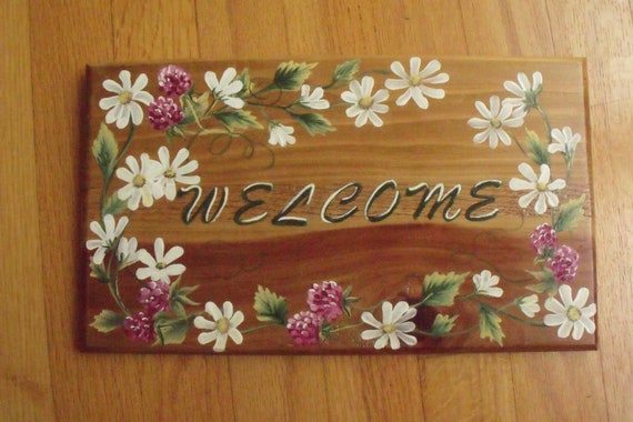 Items similar to Hand painted WELCOME SIGN with flowers and berries on Etsy