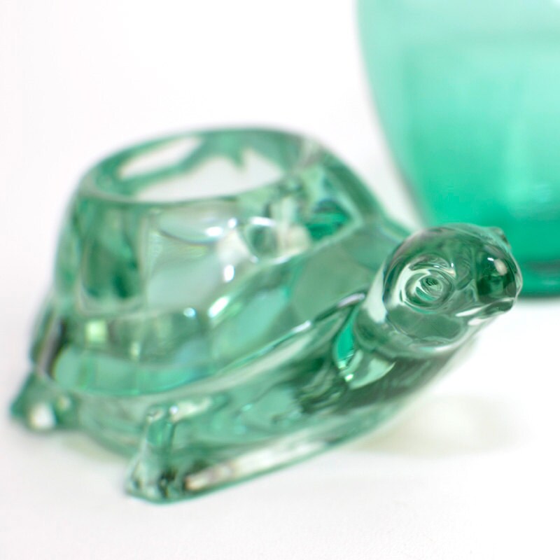 Aqua Glass Turtle Candle Holder and Blown Glass Vase Pair