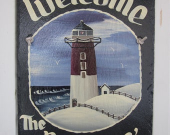Handpainted Personalized Lighthouse Beach Nautical Slate Welcome Sign ...