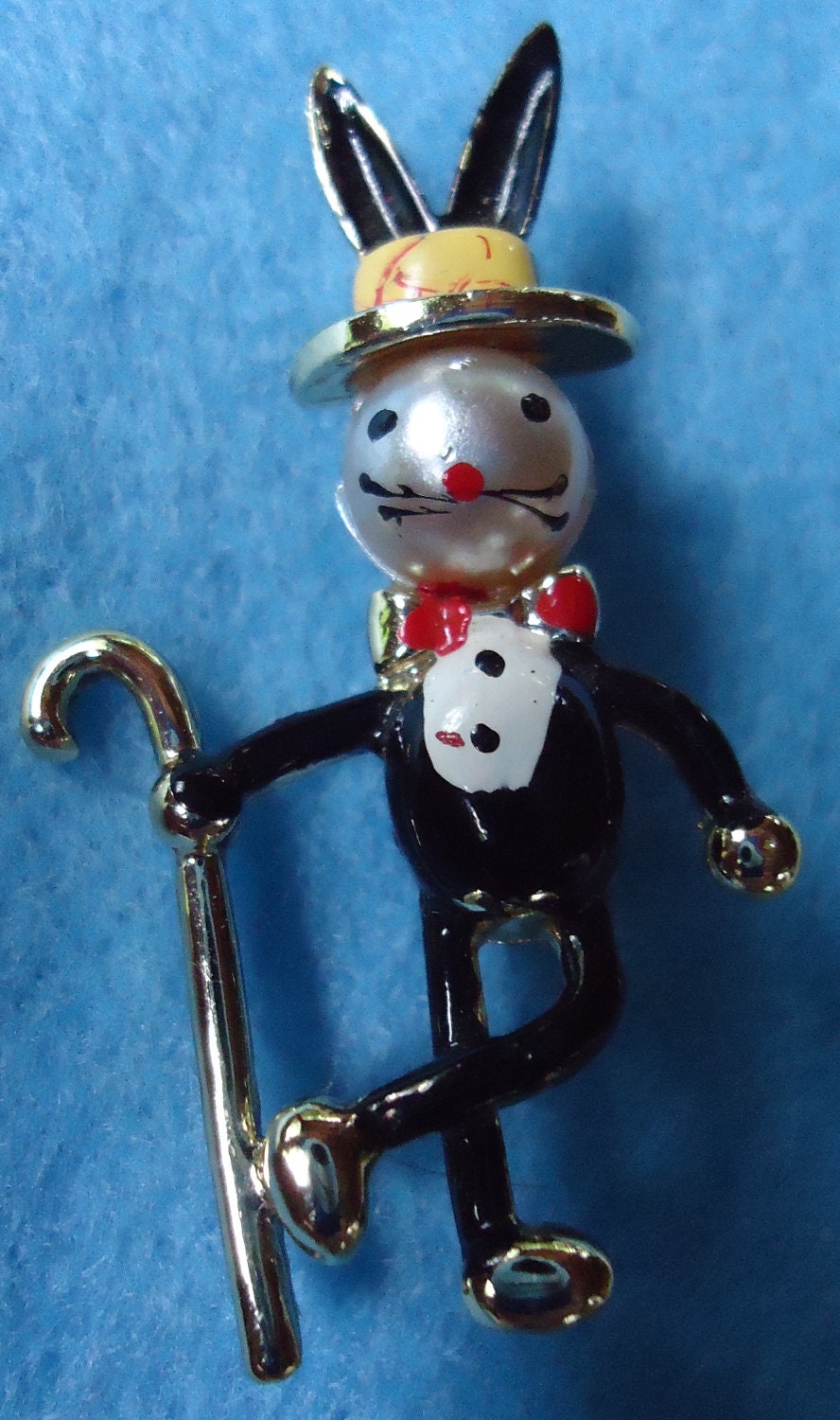 Vintage Metal Brooch Rabbit in Tuxedo Hat and Cane