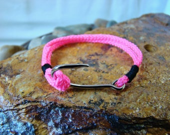 Hooked On You, Hot Pink Rope With Steel Fish Hook Bracelet