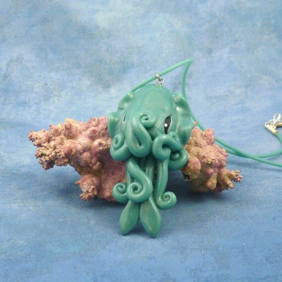 Tropical Sea Cuttlefish Necklace Aqua Blue Handmade Polymer