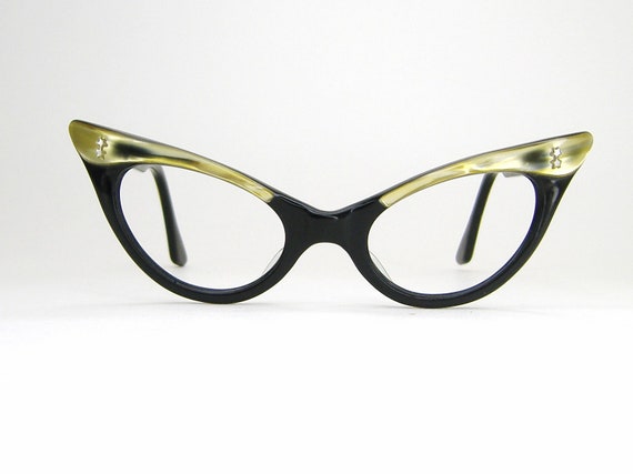 Vintage 50s Black Cat Eye Eyeglasses Frame 42mm Yellow Pearl