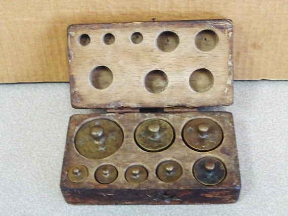 Items similar to Antique Set Of Brass Scale Weights In Original Hand ...