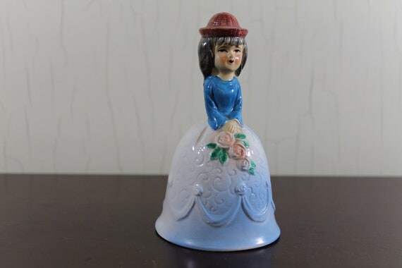 Vintage Ceramic Bell of Girl in Blue Dress by LittleRedHenVINTAGE