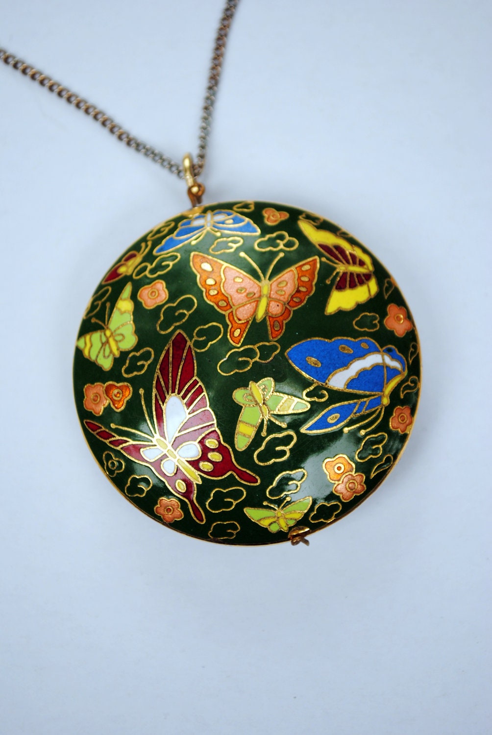Items similar to Cloisonne Vintage Pendant Butterflies, Green, Orange ...