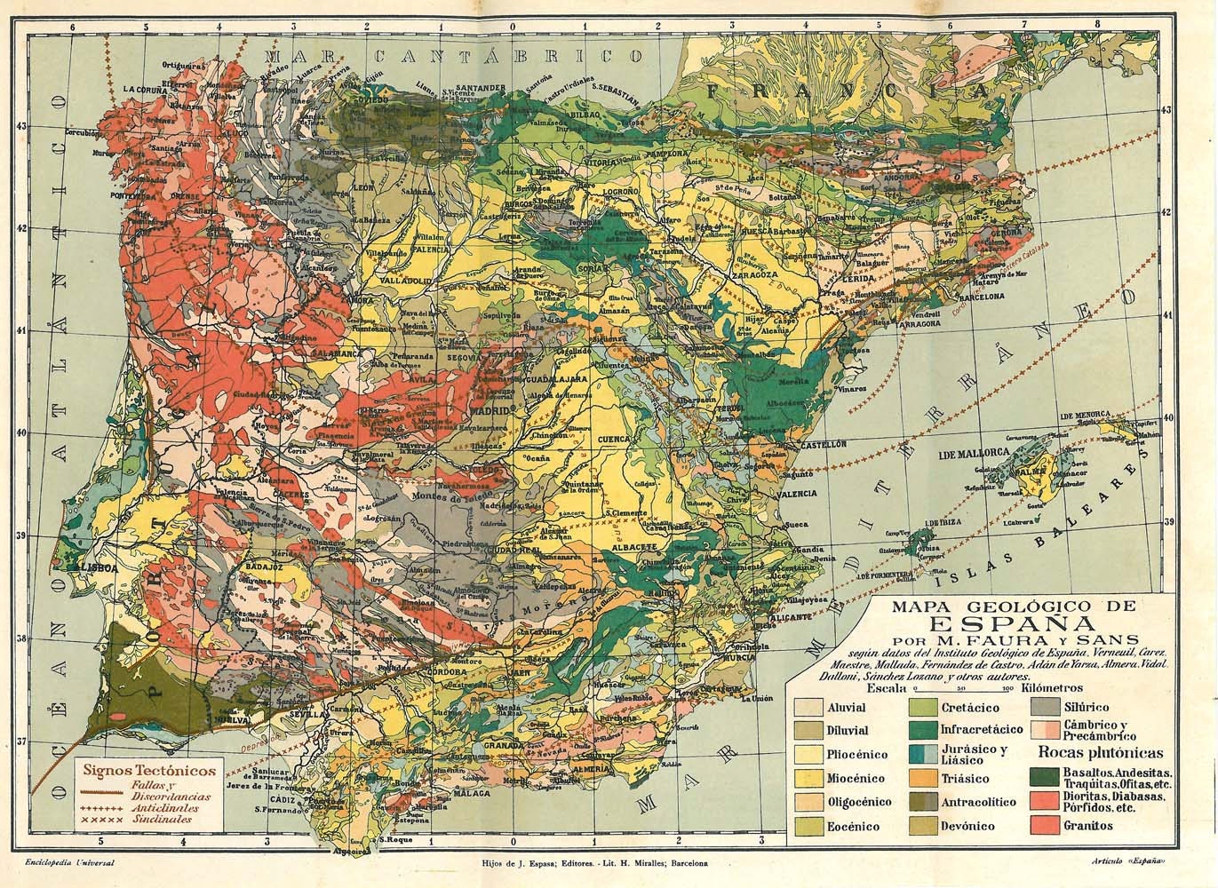 Spain and Portugal Vintage Geology Map Colorful Map 1920s