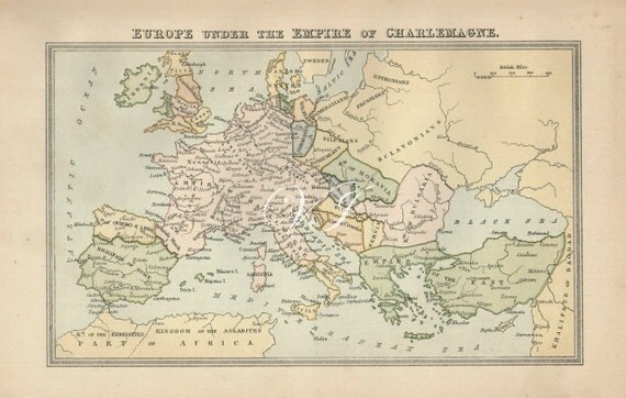 Antique 1890 EUROPE MAP Empire of Charlemagne atlas chart