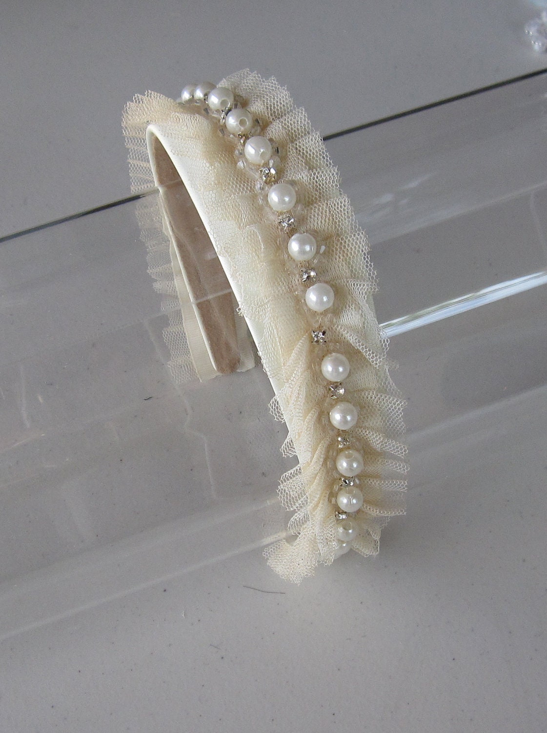 Ivory Pearl Crystal Beaded Tulle Headband for weddings