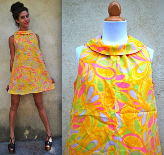 Vintage 60s 70s Psychedelic Mini Tent Dress size large xl