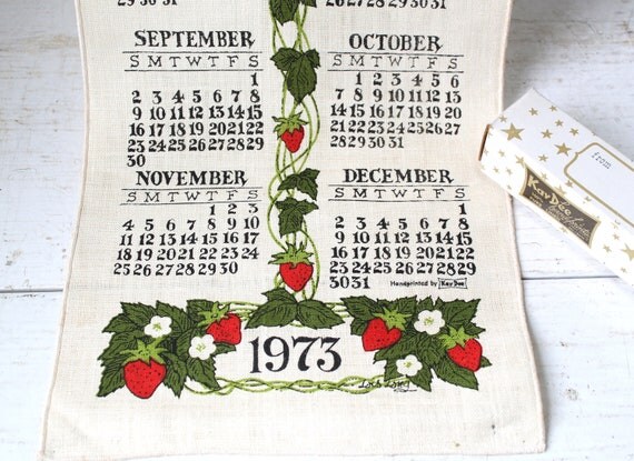vintage linen calendar. 1973 handprinted by Luncheonettevintage