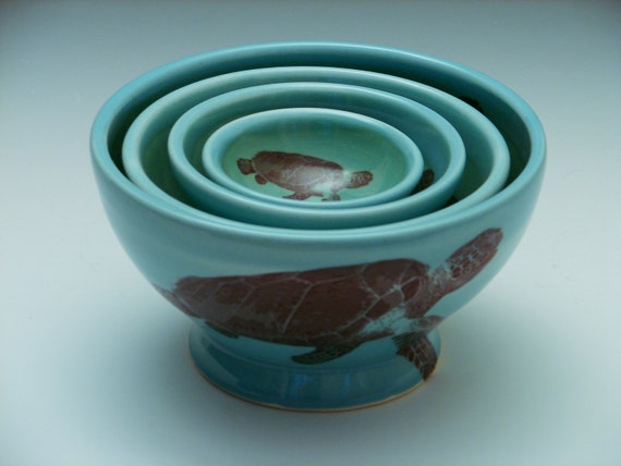 Sea Turtle Nesting Bowl Set/ pottery by cephalopodink on Etsy