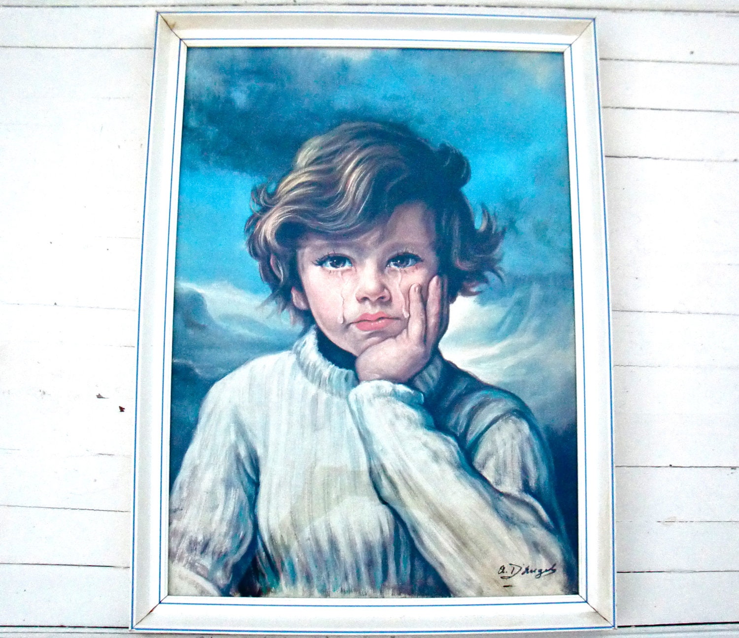 Vintage Crying Boy Large Framed Canvas Print Legendary