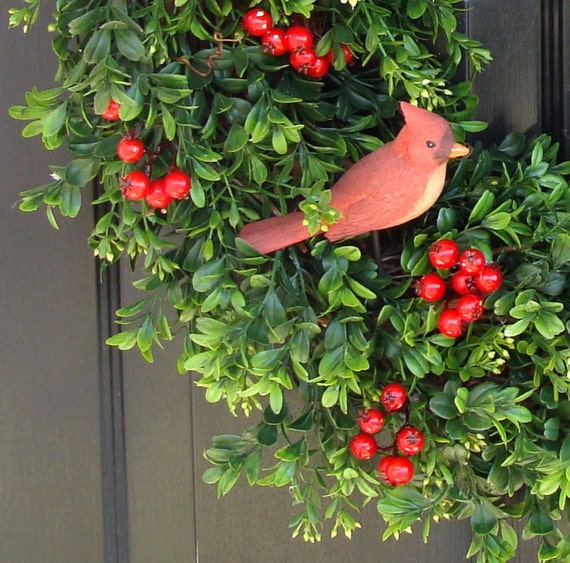 Red Cardinals Boxwood Wreath Holiday Winter Wreath Berry