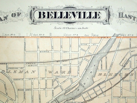 Antique Hand Coloured Map of Belleville and by bananastrudel