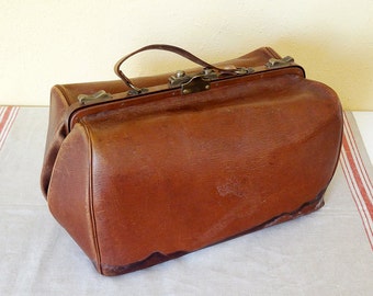 SALE large doctor's bag from France, leather valise or case with unique ...