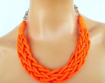 Rope Necklace, Braided Necklace, Statement Necklace in Neon Orange Fluo ...