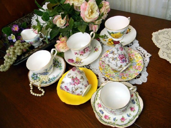 6 Mismatched Cups and Saucers Lot Tea Party by TheVintageTeacup