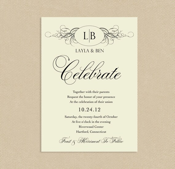 Items Similar To Printable Wedding Invitation 4x6 Or 5x7 Calligraphic 