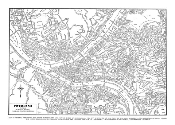 Pittsburgh Map Street Map Vintage Print Poster