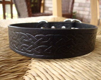 Celtic Leather Dog Collar. 1 1/4 Deep Red and Black by FourRobins