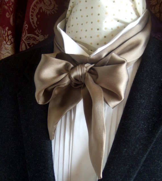 Victorian Bow Tie Cravat Ascot In Walnut Brown Beige 100 Silk