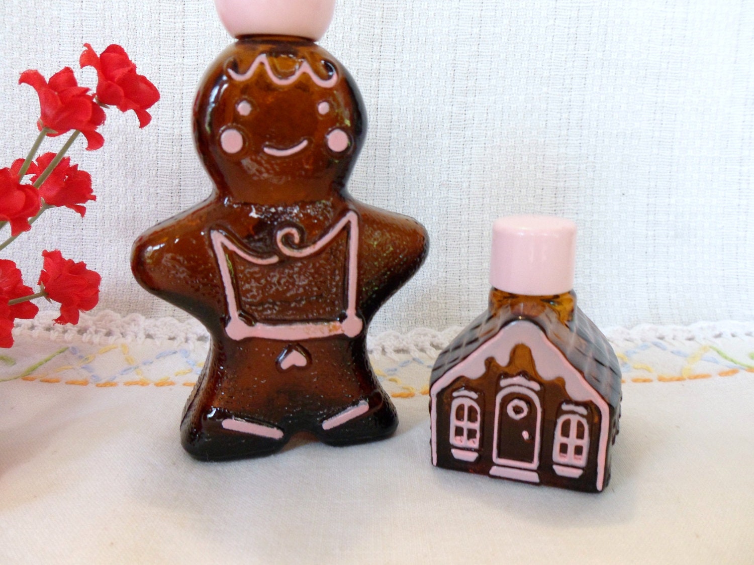 Gingerbread Man and House Cologne Bottles Avon Amber Glass