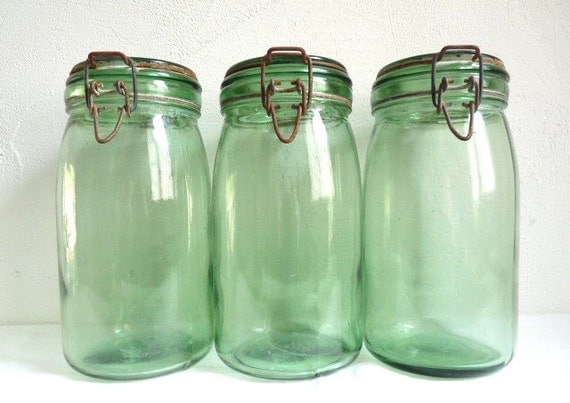 1 Antique French Canning Jar Green Glass Vintage French