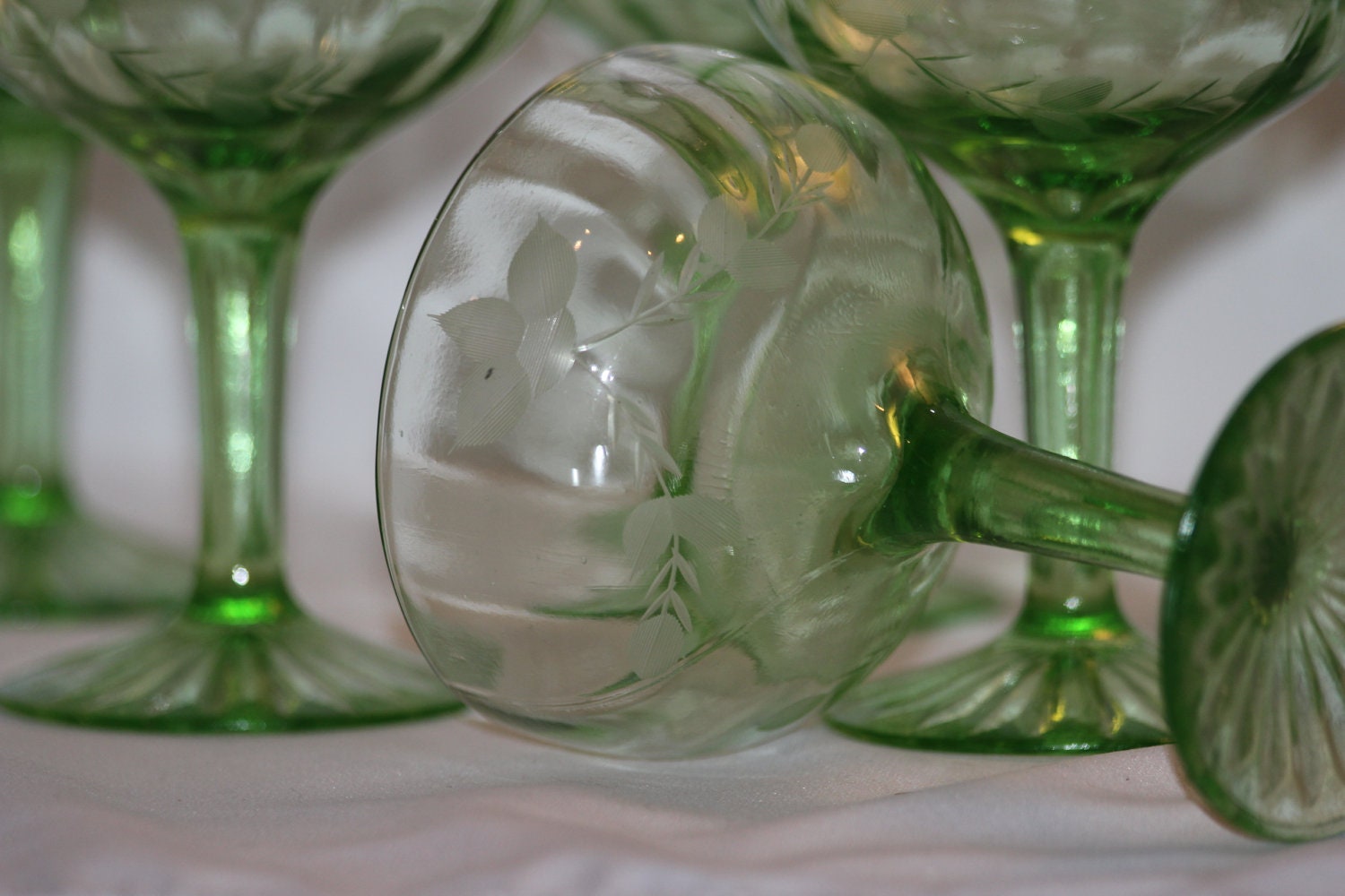 Vintage Set Of Six Green Depression Glass Etched Wine Glasses