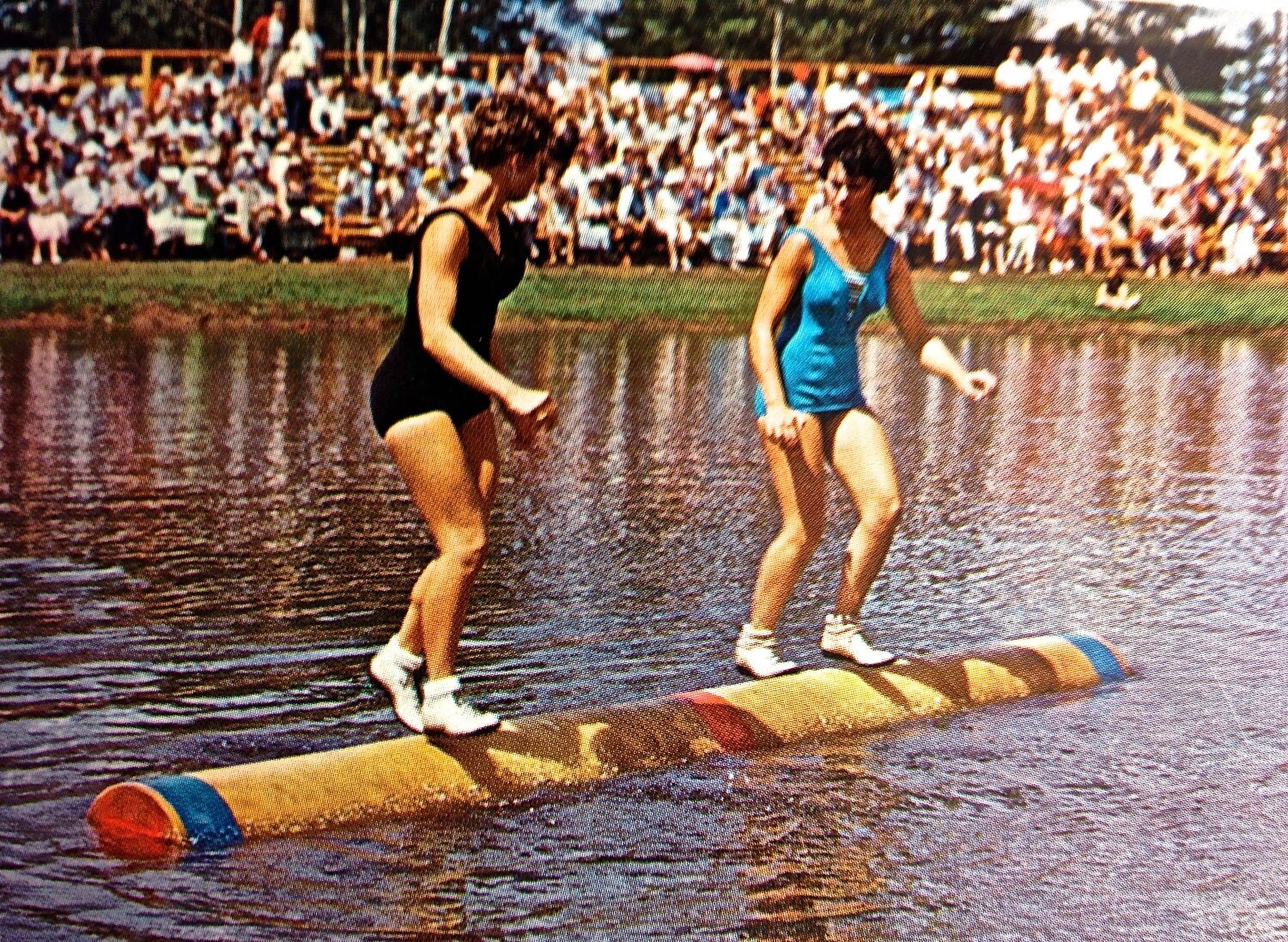 Ladies Log Rolling 1950s Postcard Retro by EstrangedEphemera