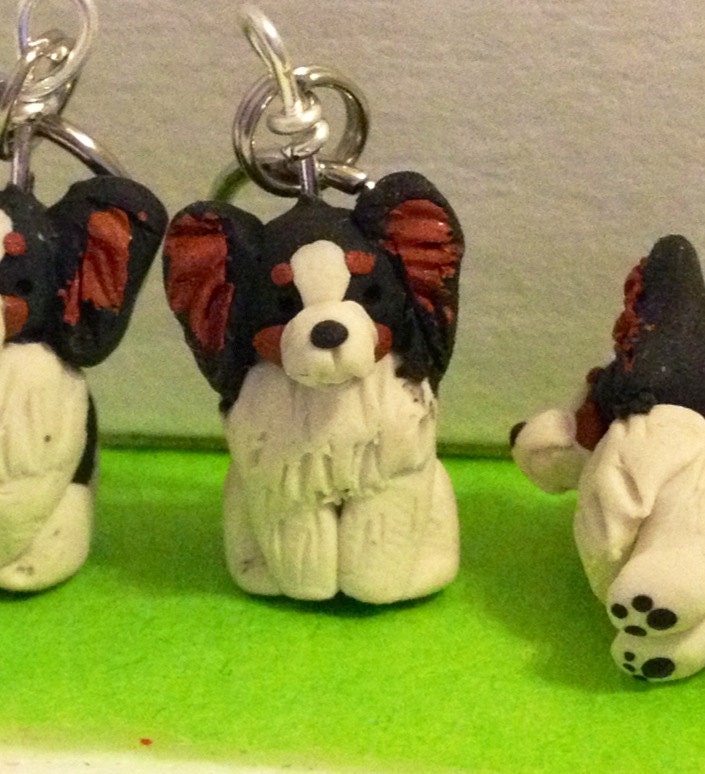 Tri Colored Papillon Dog Polymer Clay Stitch Markers set of