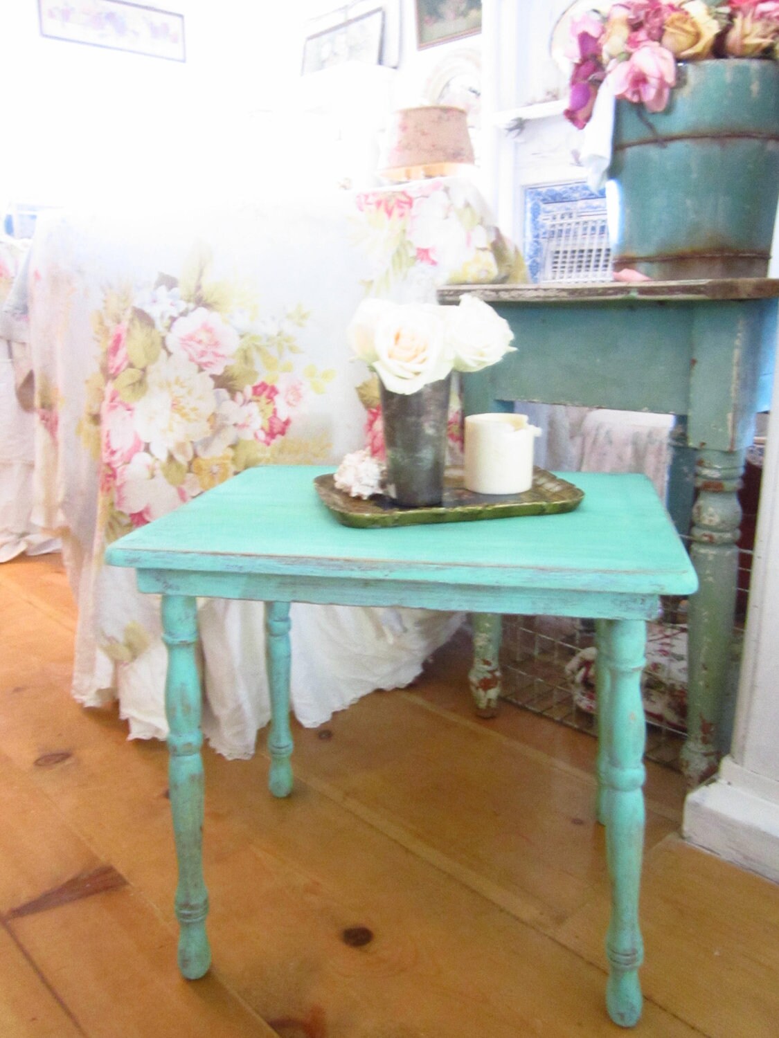Shabby chic chippy minty green aqua Vintage farmhouse table