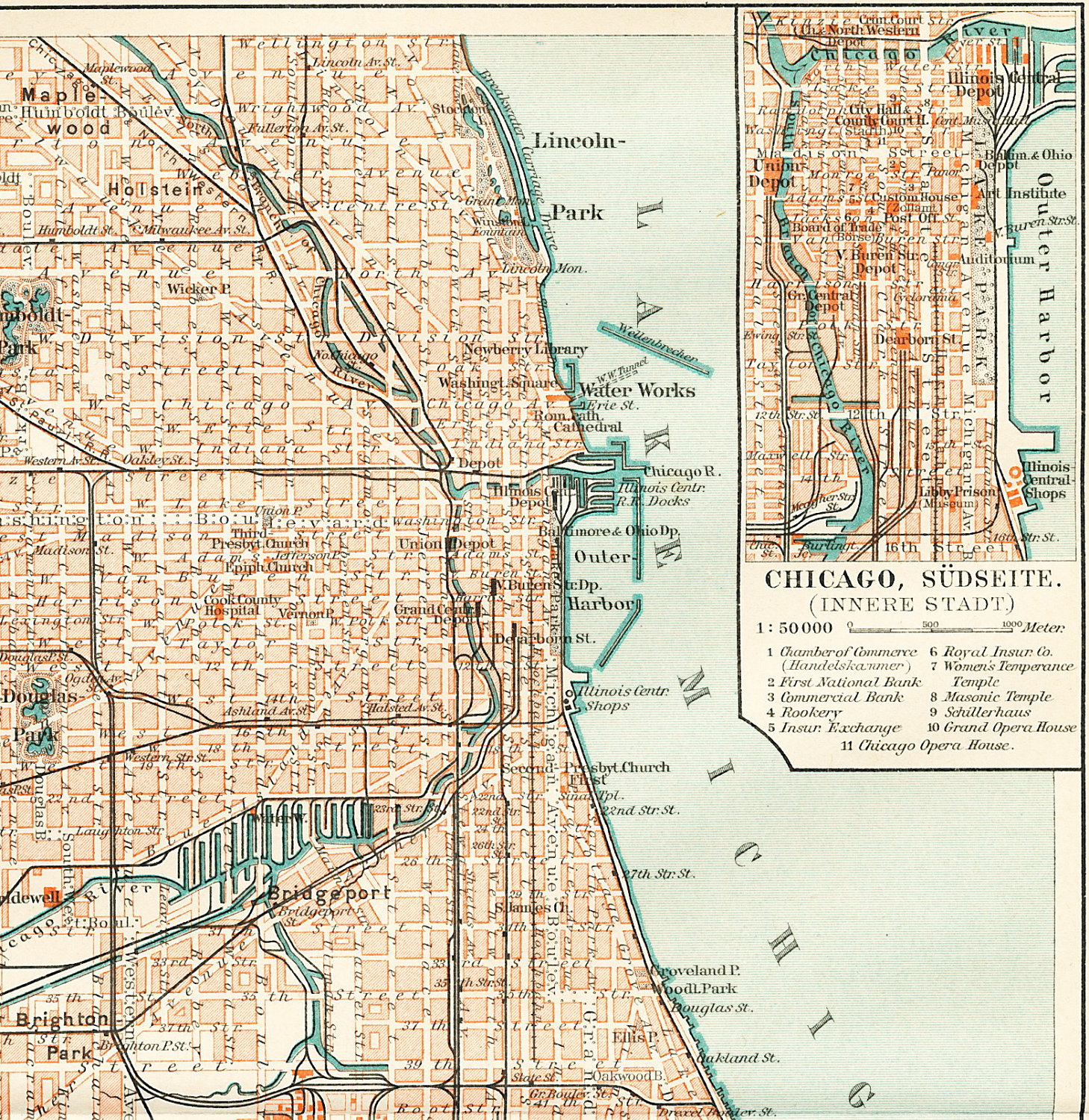 Chicago city map19th century map: Antique 1890s lithograph