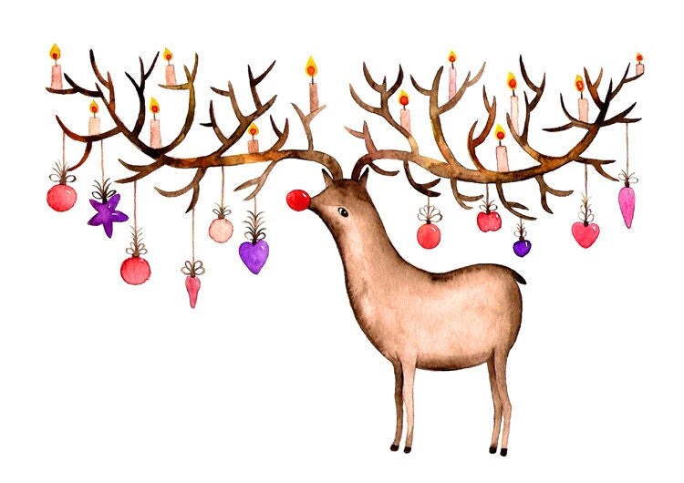 Deer Rudolph Christmas Watercolor by BarbaraSzepesiSzucs on Etsy