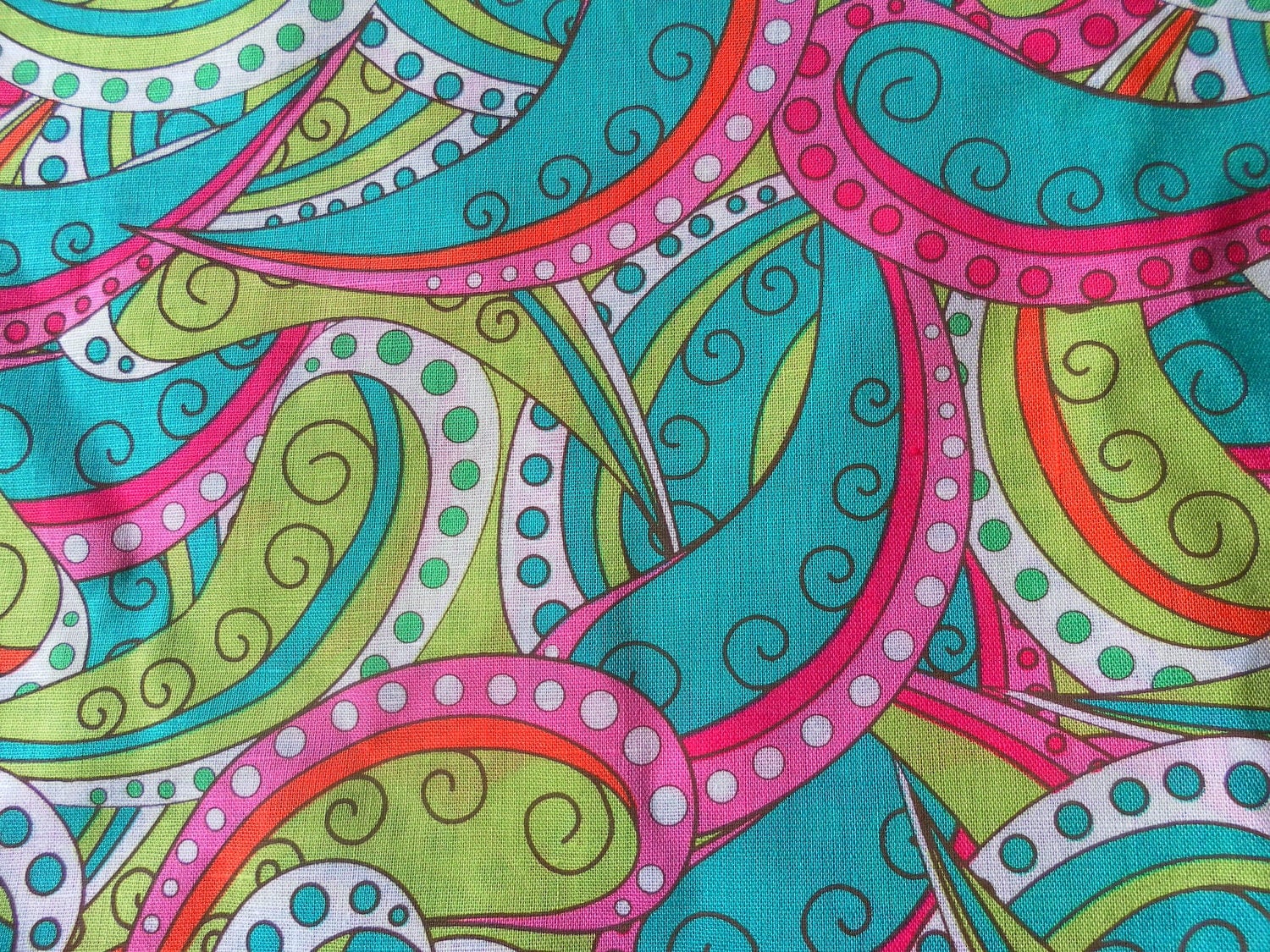 Fabric Bright Paisley swirls dots lime pink teal last